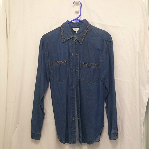 Casual Corner | Tops | Casual Corner Denim Shirt With Leather Trim ...